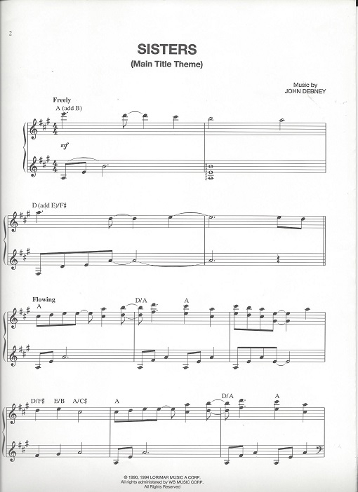 Tredwells-Music.com|Sisters TV Theme by John Debney, piano solo, sheet ...